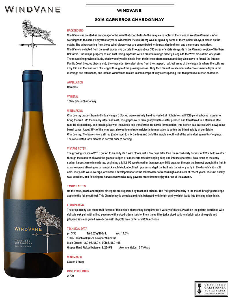 WindVane Wines 2016 Chardonnay Tech Sheet - Freixenet Mionetto - Trade Tool
